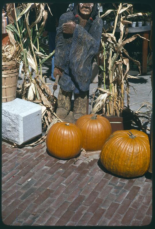 Pumpkins next to a wood sculpture of a Native American man - Digital ...