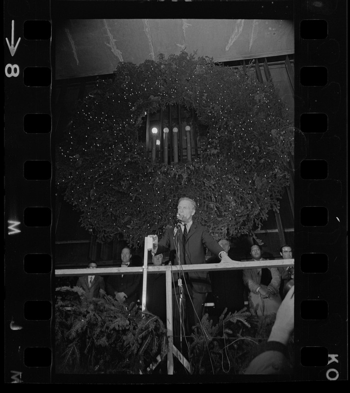 Mayor Kevin White speaking at the holiday Wreath Lighting ceremony at ...