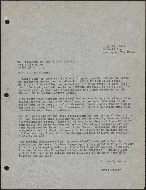 Letter from David Reiner to the President of the United States ...