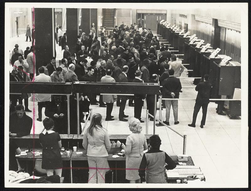 Teamsters Union members line up to vote at Hynes memorial auditorium ...