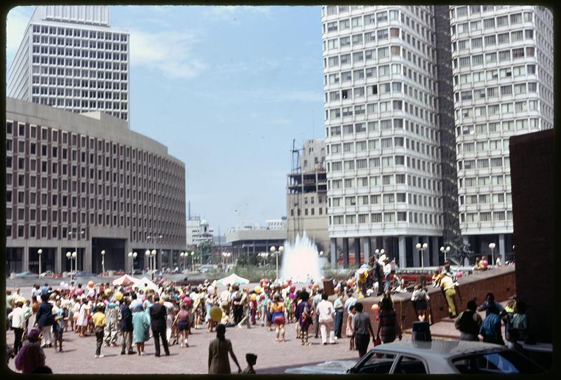 A crowd of people on Boston City Hall plaza - Digital Commonwealth