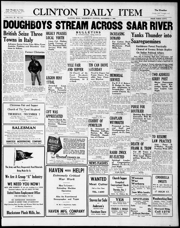 Clinton Daily Item. December 06, 1944 - Digital Commonwealth