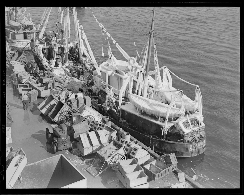 Trawler "Breaker" at fish pier, covered with ice - Digital Commonwealth
