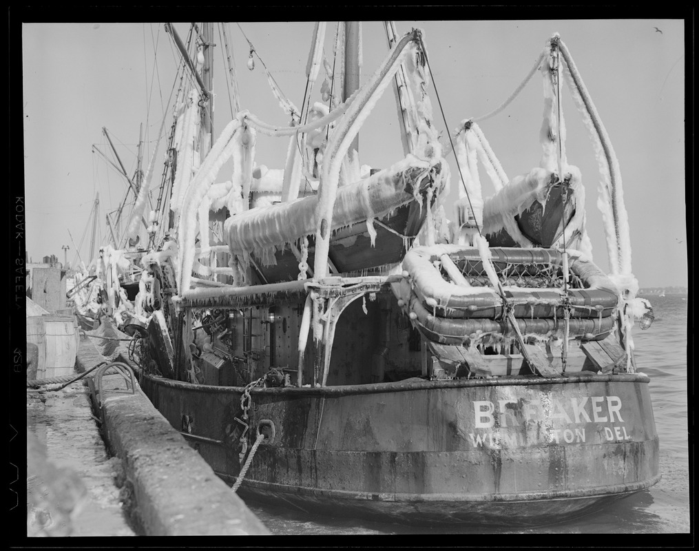 Trawler "Breaker" at fish pier, covered with ice - Digital Commonwealth