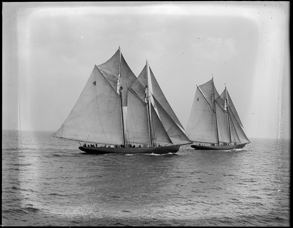 Fishing schooners Gertrude L. Thebaud and Elsie racing off Gloucester ...