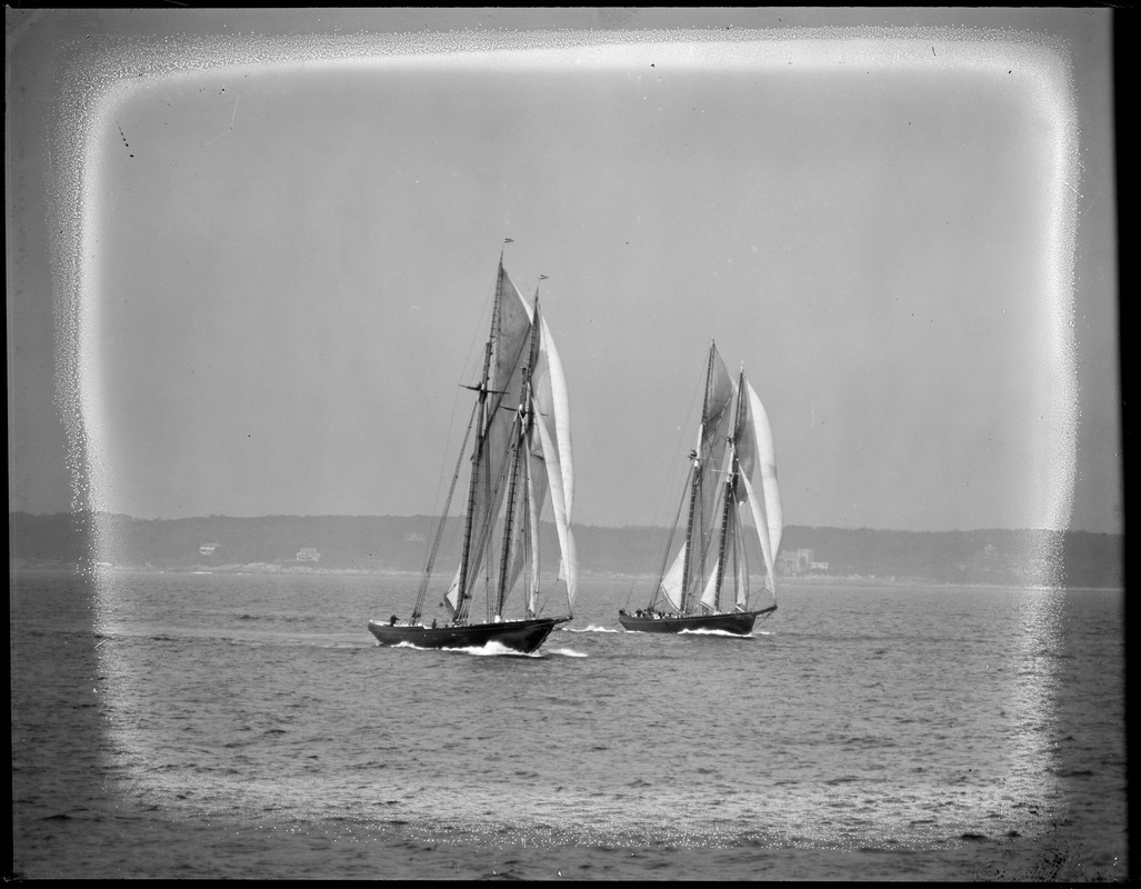 Fishing schooners Gertrude L. Thebaud and Elsie racing off Gloucester ...