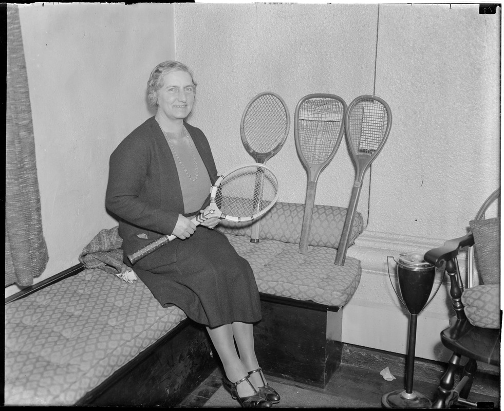 Mrs. Wightman with new and old racquets - Digital Commonwealth