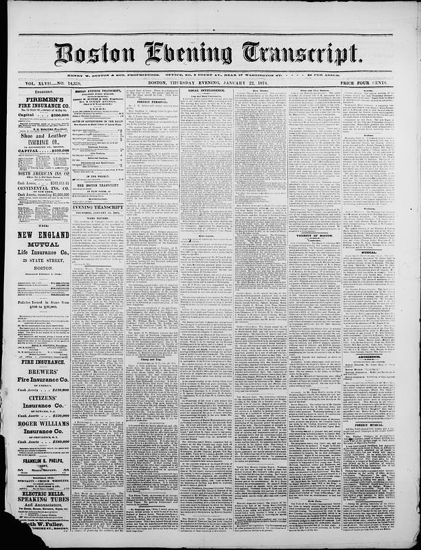 Boston Evening Transcript. January 22, 1874 - Digital Commonwealth