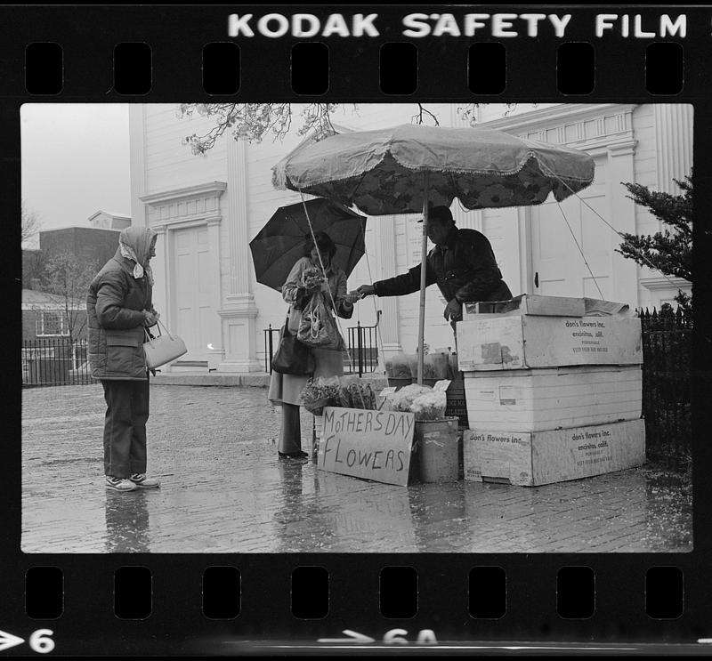 Pleasant Street flower man in rain - Digital Commonwealth