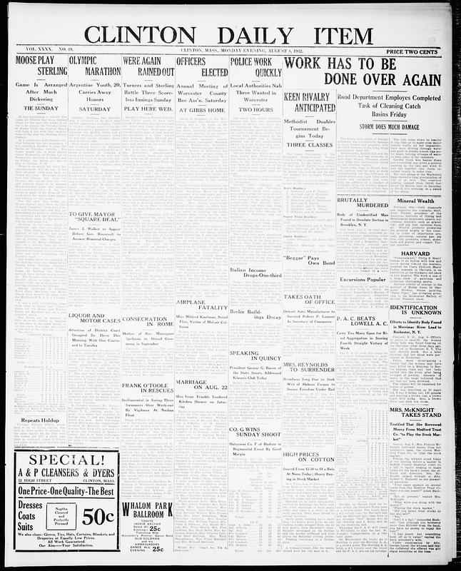 Clinton Daily Item. August 08, 1932 - Digital Commonwealth
