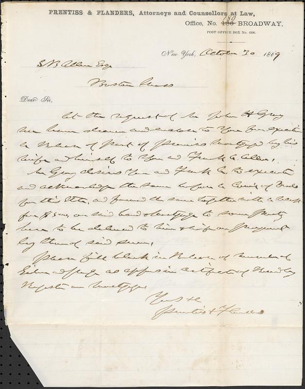 Letter from Prentiss & Flanders to Stillman B. Allen, October 30, 1869 ...