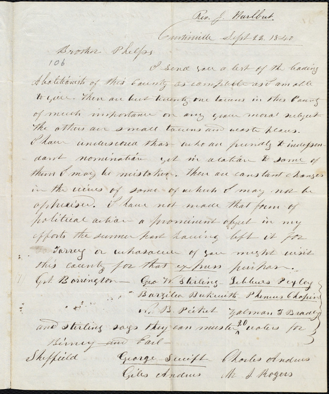 Letter from Joseph Hurlburt, Curtisville, to Amos Augustus Phelps, Sept 22. 1840 - Digital ...
