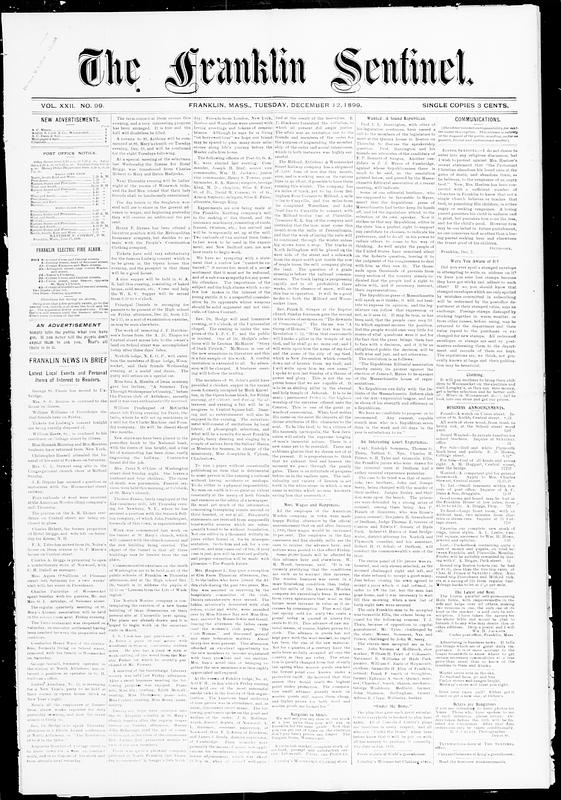 The Franklin Sentinel. December 12, 1899 - Digital Commonwealth