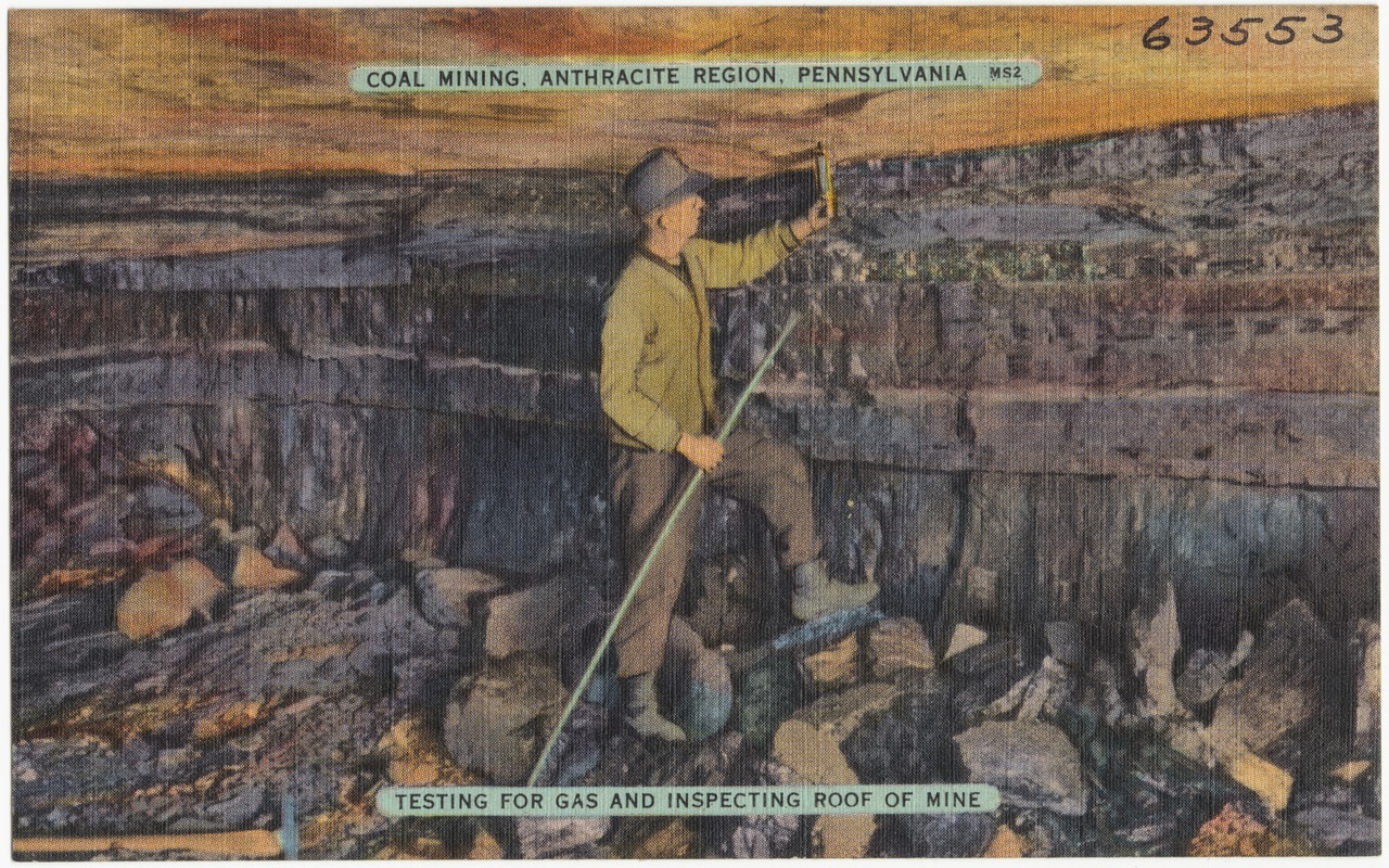 Coal mining, Anthracite Region, Pennsylvania. Testing for gas and ...
