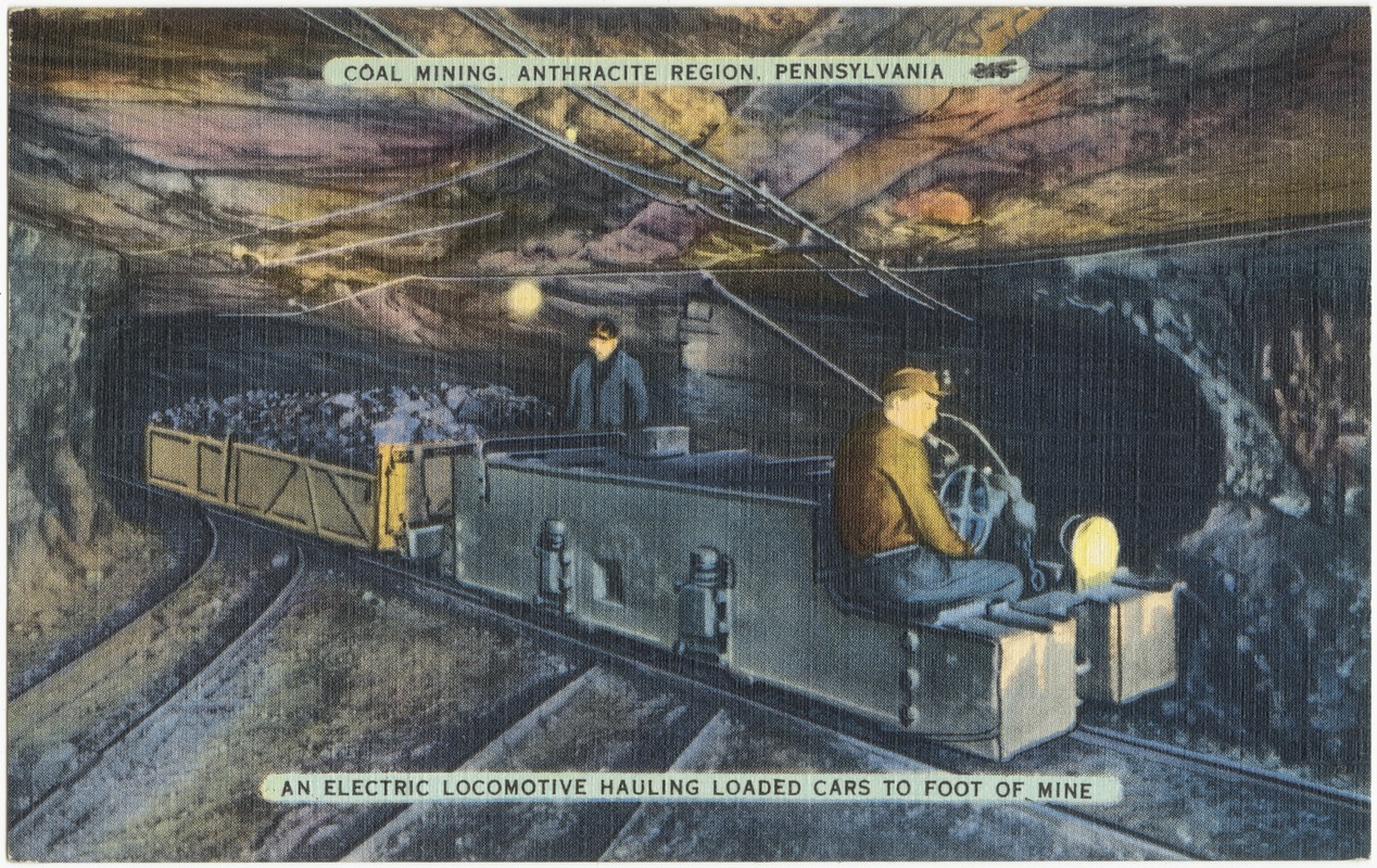 Coal mining, Anthracite Region, Pennsylvania. An electric locomotive ...