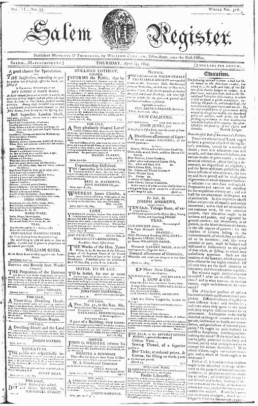 The Salem Register. April 25, 1805 - Digital Commonwealth