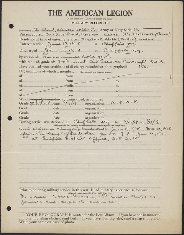 American Legion military record of Charles Wells Hubbard, Jr. - Digital ...