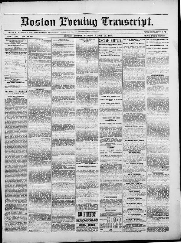 Boston Evening Transcript. March 13, 1876 - Digital Commonwealth