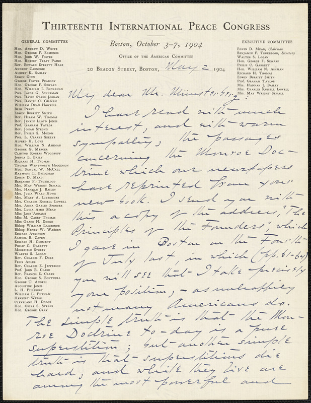 Mead, Edwin D. (Edwin Doak), 1849-1937 autograph letter signed to Hugo ...