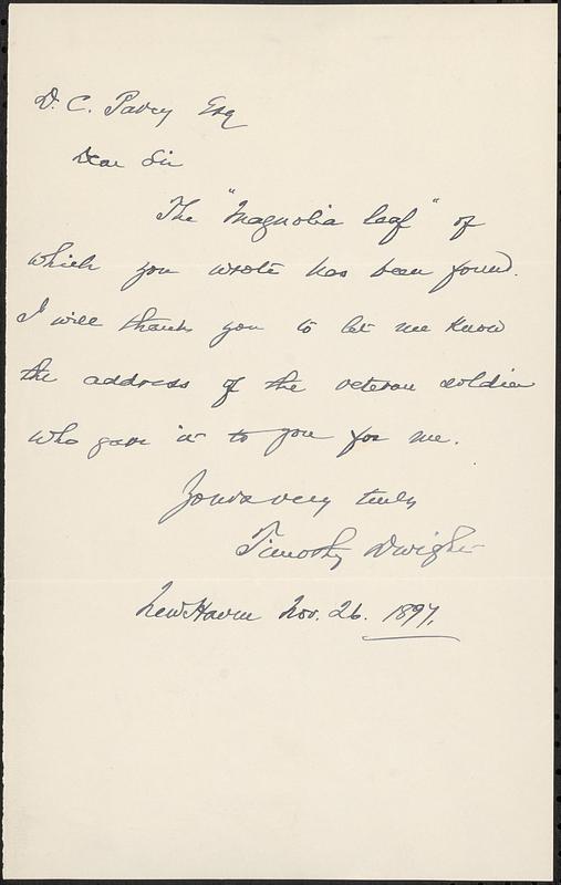 Letter from Timothy Dwight, New Haven, to Darwin C. Pavey, 1897 ...