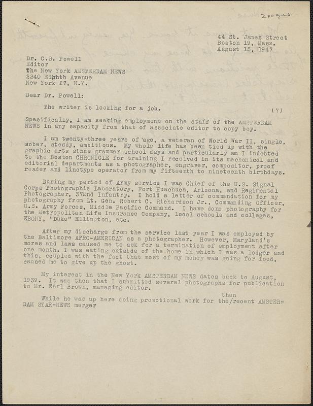 Letter from Jack Miller, Boston, to C. B. Powell, New York, 1947 August ...
