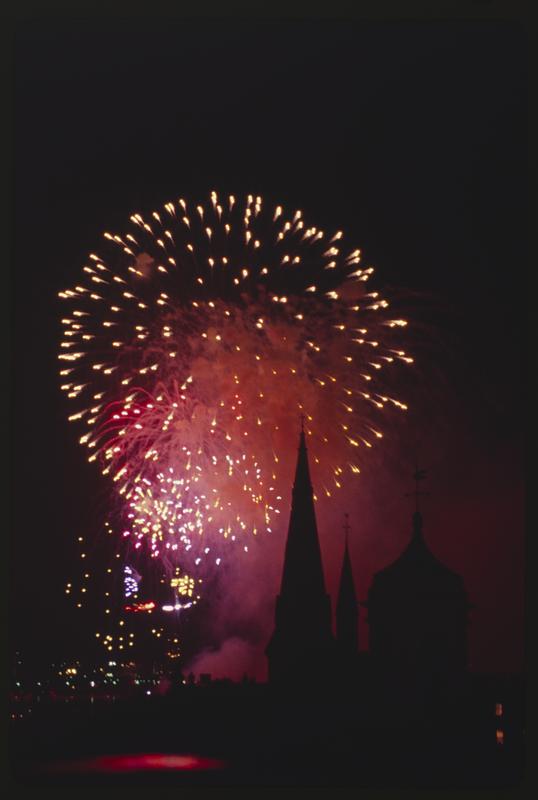 Fire works over Beacon Hill on Independence Day - Digital Commonwealth