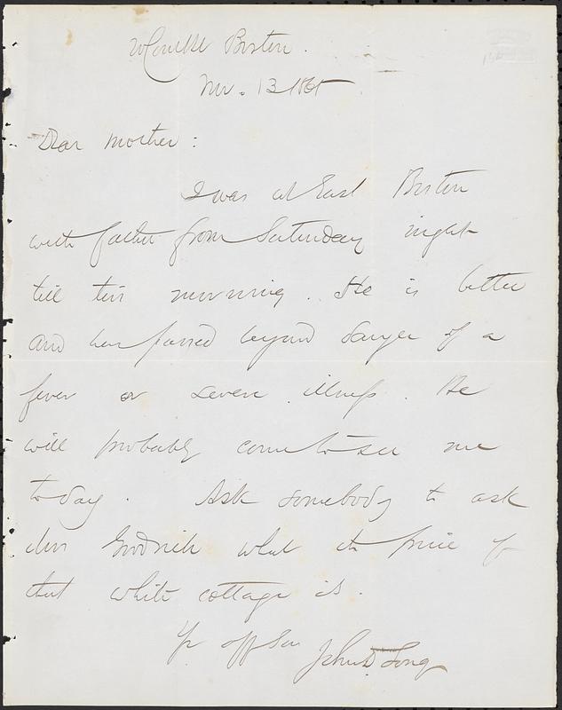 Letter from John D. Long to Julia D. Long, November 13, 1865 - Digital ...