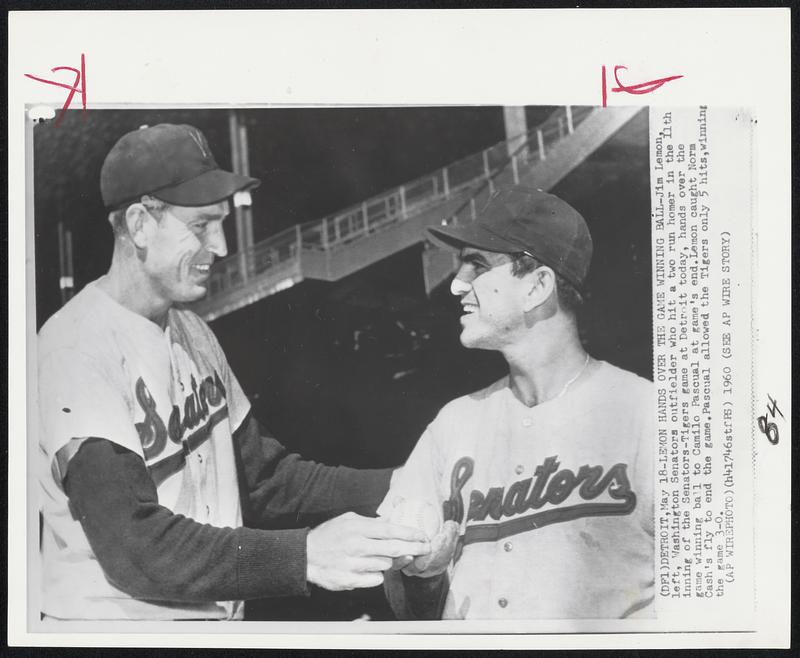 Lemon Hands Over the Game Winning Ball - Jim Lemon, left, Washington ...