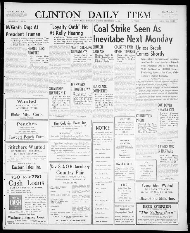 Clinton Daily Item. September 18, 1952 - Digital Commonwealth