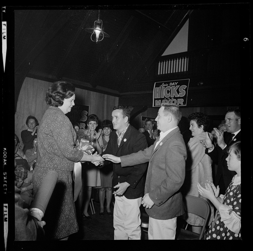 Louise Day Hicks shaking hands with supporters at American Legion Rice ...