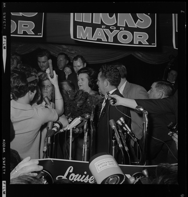 Louise Day Hicks waving to supporters at campaign headquarters ...