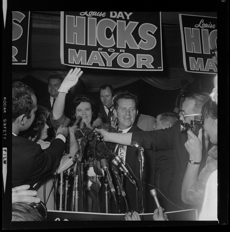 Louise Day Hicks waving to supporters at campaign headquarters ...