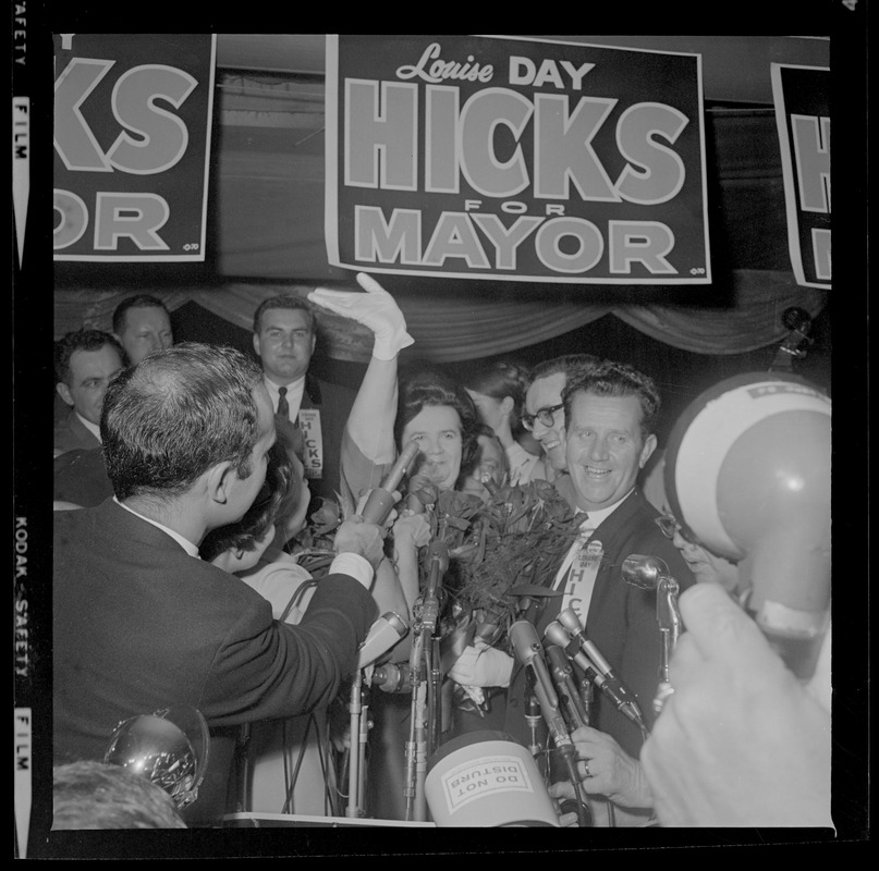 Louise Day Hicks waving to supporters at campaign headquarters ...