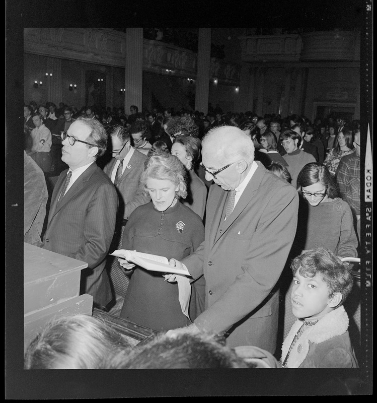 William Sloane Coffin, Jane Spock, and Dr. Benjamin Spock at anti-draft ...