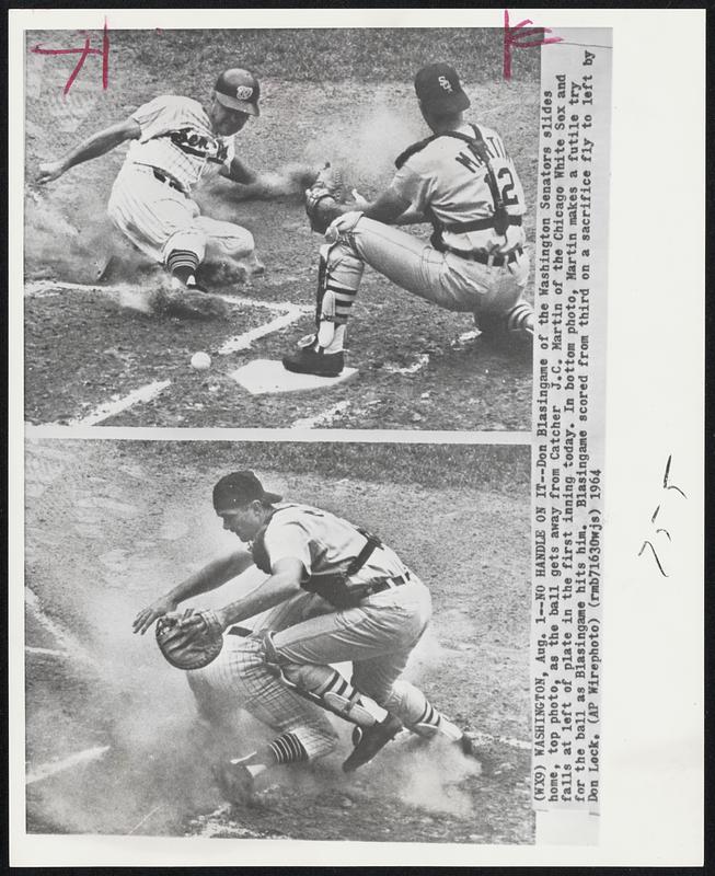 Handle on it--Don Blasingame of the Washington Senators slides home ...