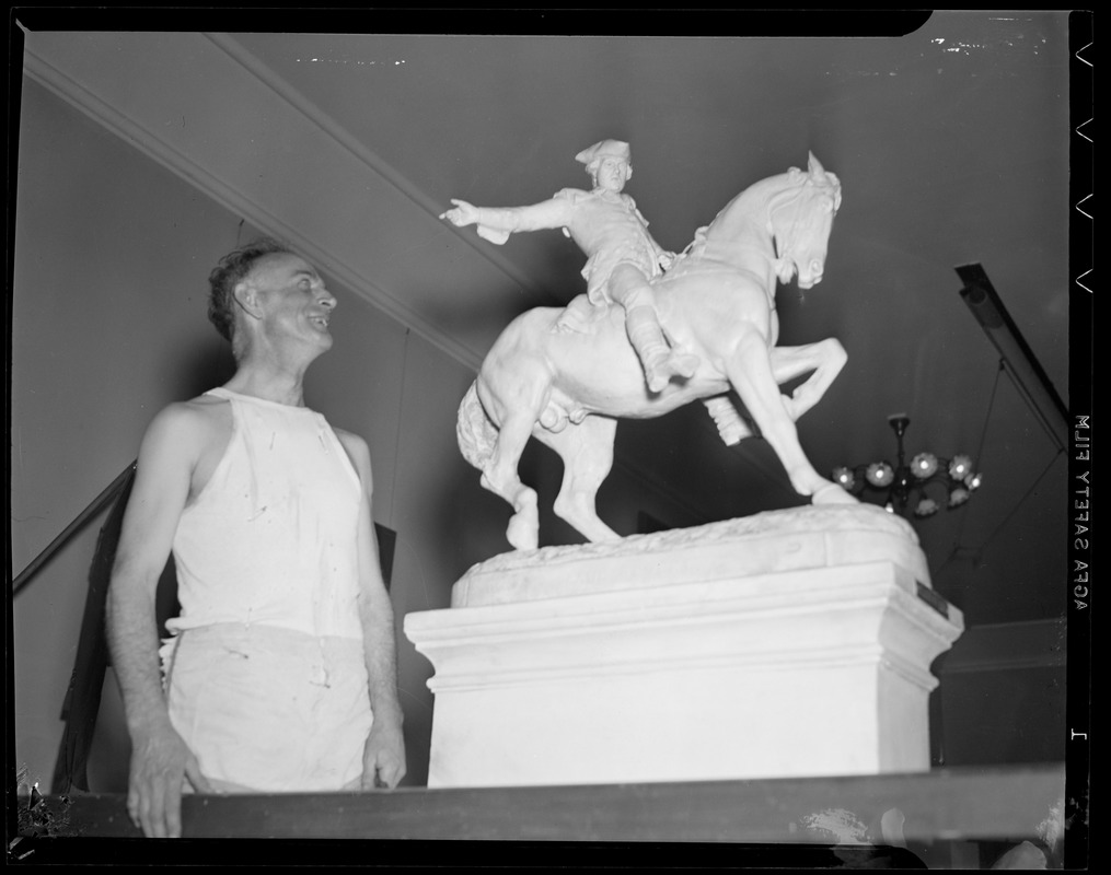Clarence DeMar with model of Paul Revere statue - Digital Commonwealth