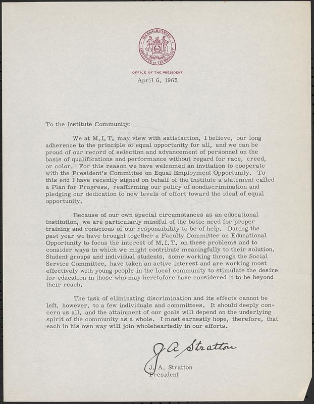 Letter from MIT President J. A. Stratton to Institute Community ...