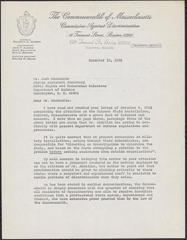 Letter from MCAD Chairman Mrs. Erna Ballantine to Jack Moskowitz about ...
