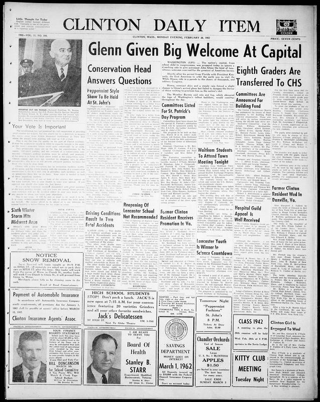 Clinton Daily Item. February 26, 1962 - Digital Commonwealth