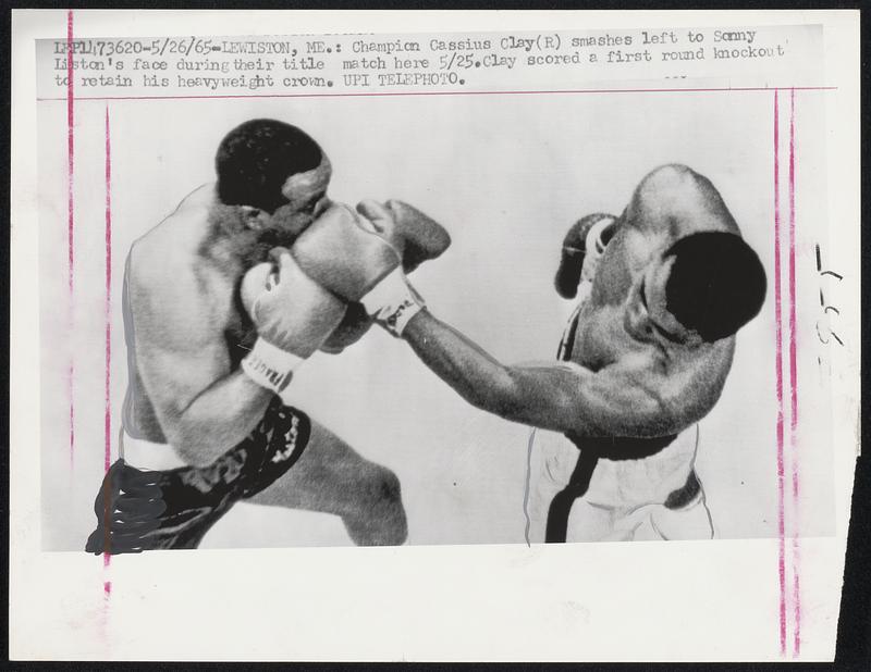 Champion Cassius Clay (R) smashes left to Sonny Liston's face during ...