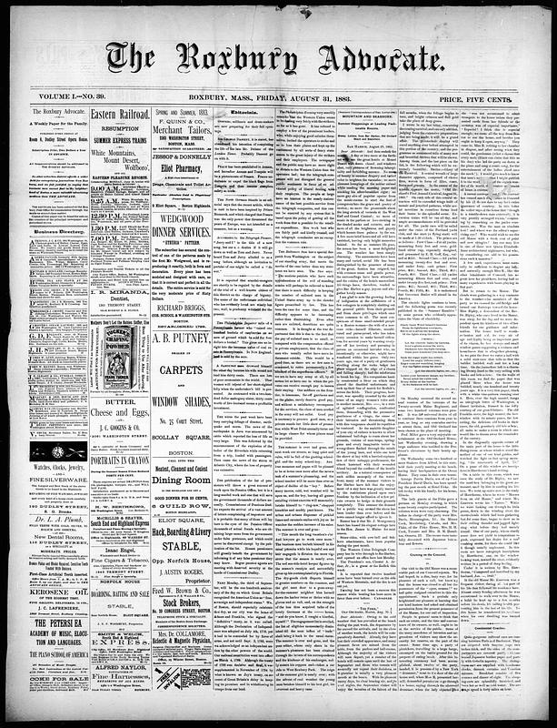 The Roxbury Advocate. August 31, 1883 - Digital Commonwealth