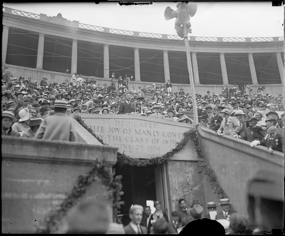President Conant of Harvard speaks to crowd at Harvard Stadium ...