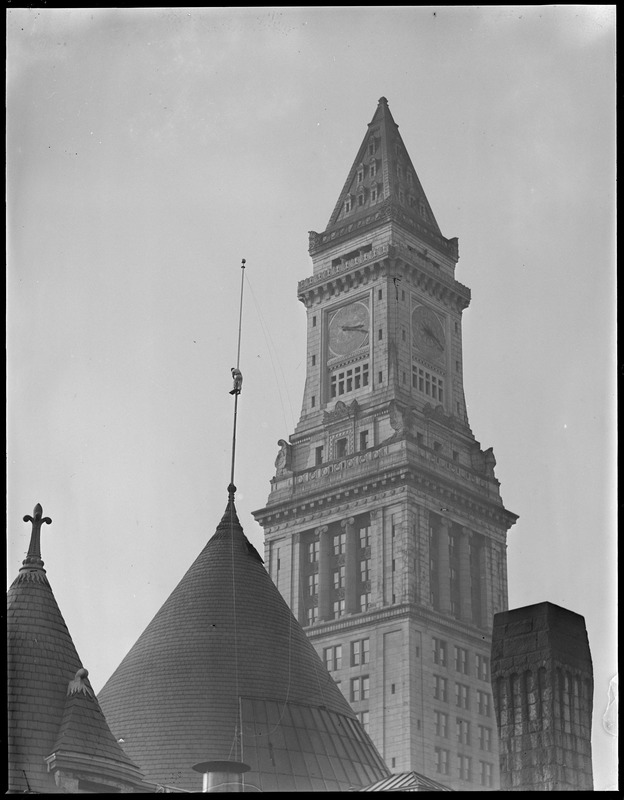 Steeplejack at work, Chamber of Commerce - Grain and Flour Exchange, 177 Milk St., Grain ...