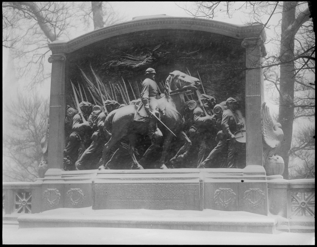 State House in snow/Shaw's statue - Digital Commonwealth