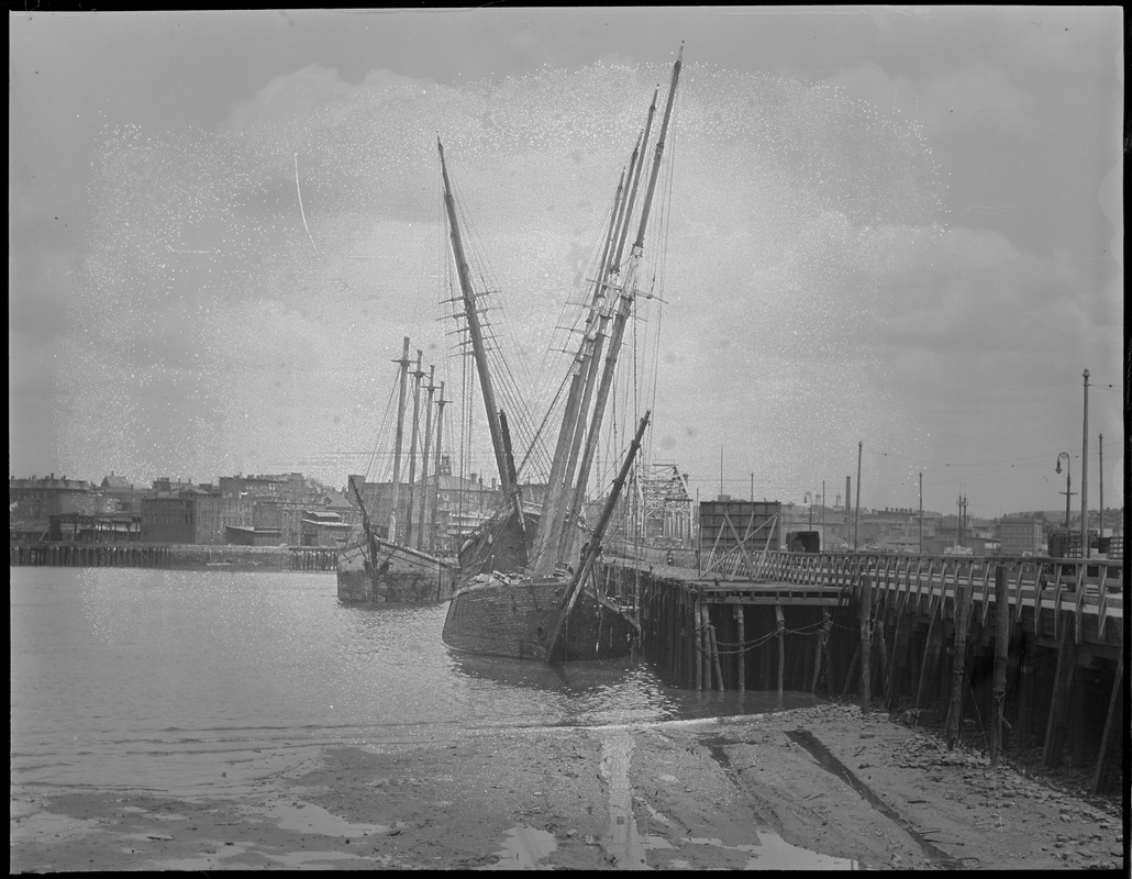 Old ships moored at Meridian St. drawbridge, East Boston, looking ...