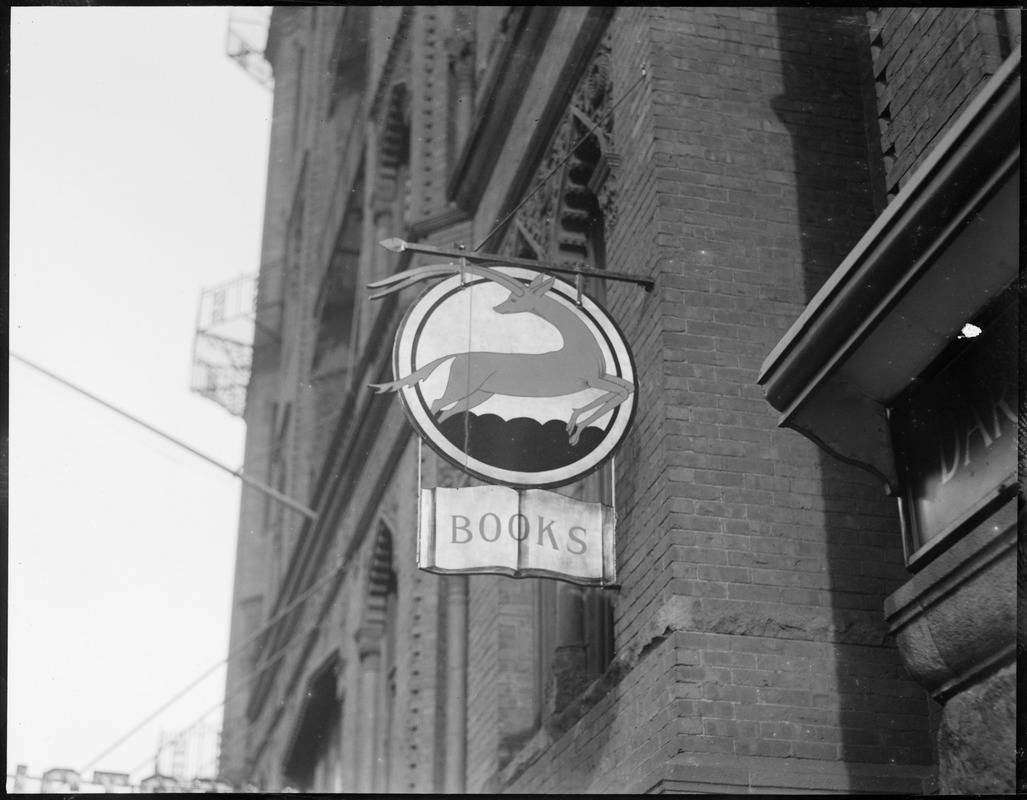 Sign for book shop with leaping stag - Digital Commonwealth