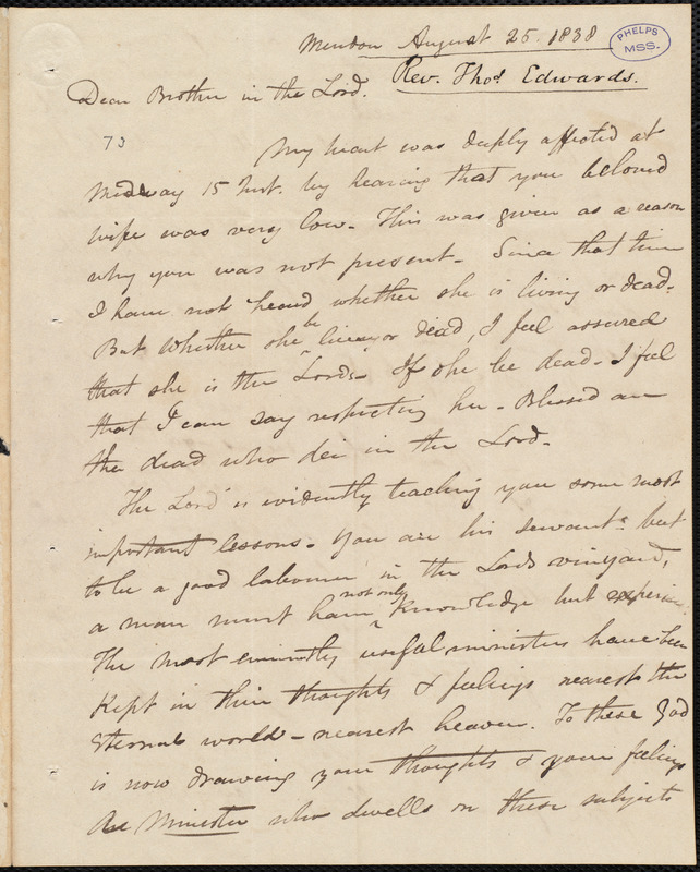 Letter from Thomas Edwards, Mendon, to Amos Augustus Phelps, August 25 1838 - Digital Commonwealth