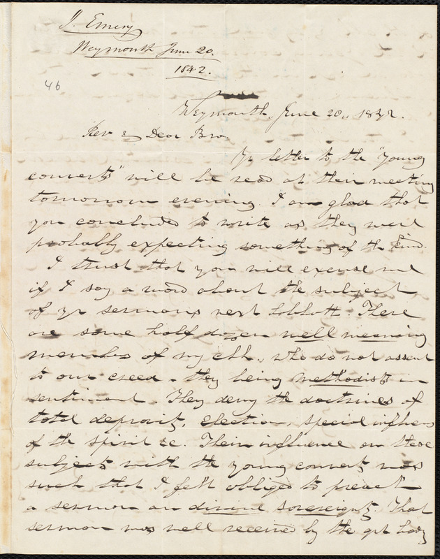 Letter from Joshua Emery, Weymouth, to Amos Augustus Phelps, June 20 ...