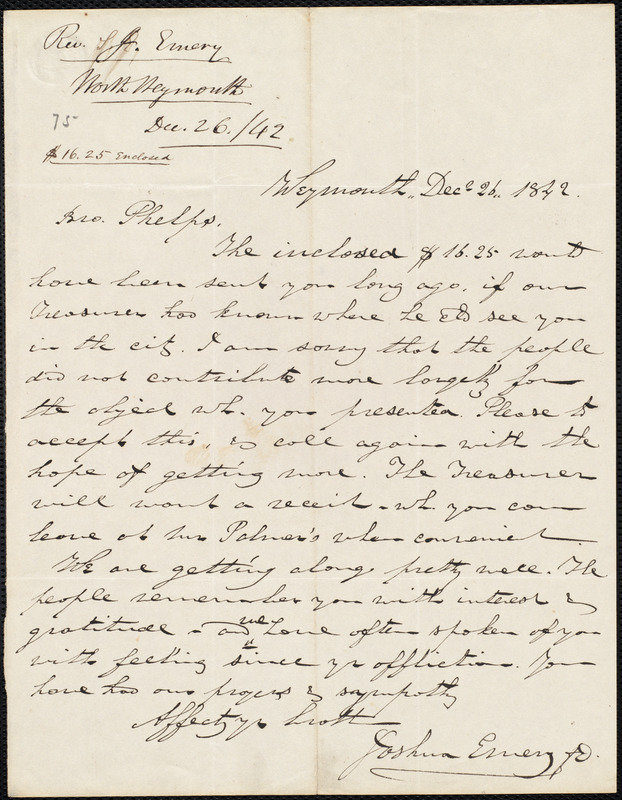 Letter from Joshua Emery, Weymouth, to Amos Augustus Phelps, Decr. 26 ...