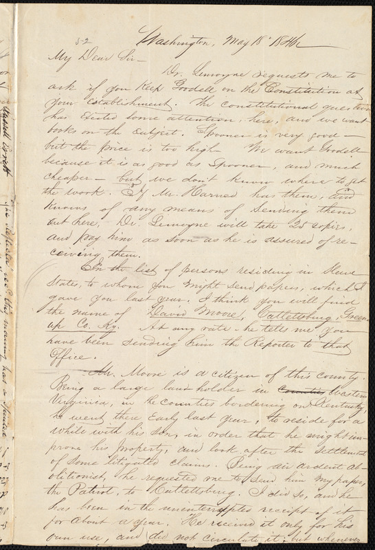 Letter from Russell Errett, Washington, to Amos Augustus Phelps, May 18 1846 - Digital Commonwealth